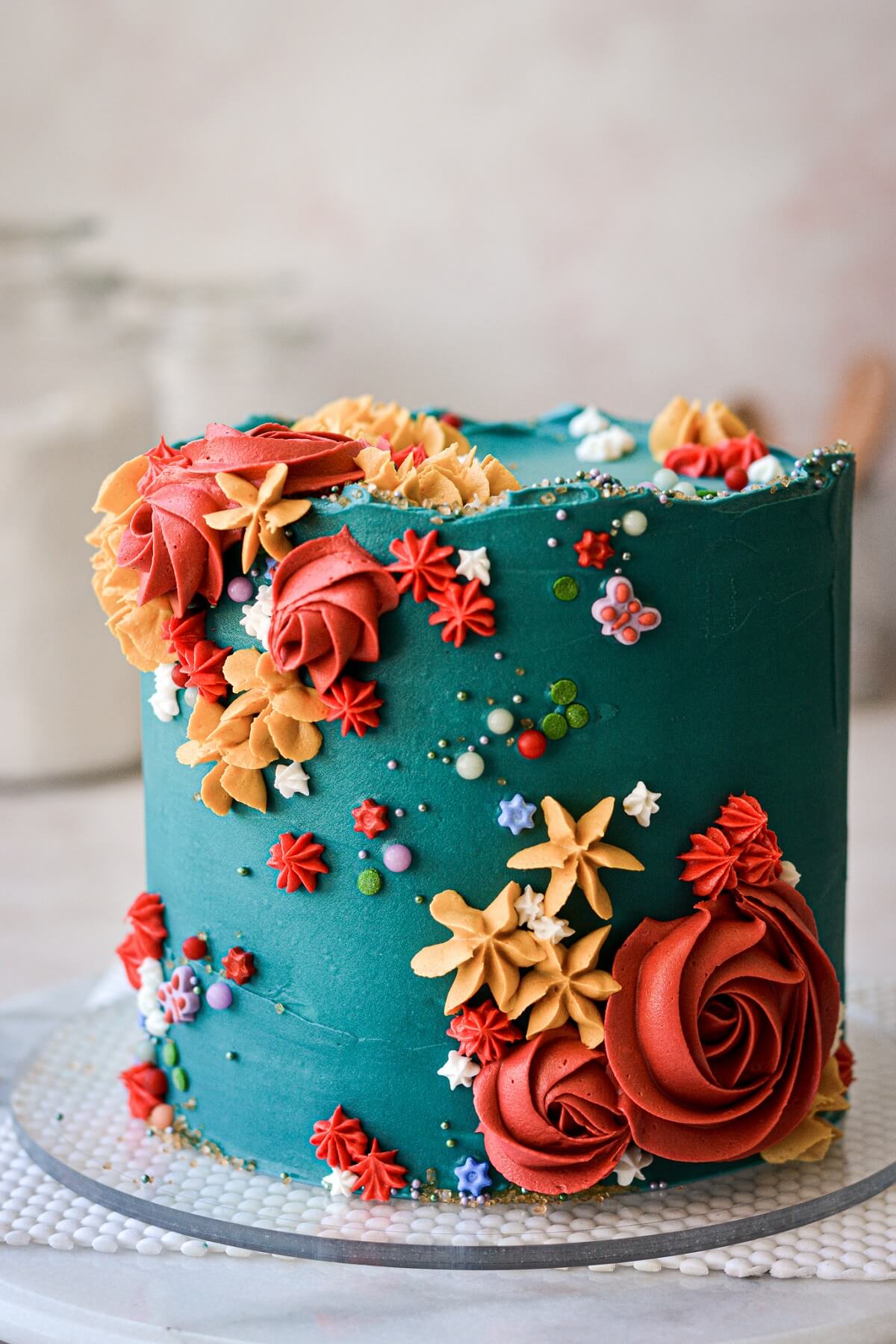Turquoise Floral Cake with Piped Buttercream Flowers - Curly Girl Kitchen