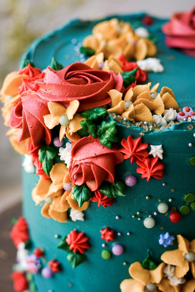 Turquoise Floral Cake with Piped Buttercream Flowers - Curly Girl Kitchen