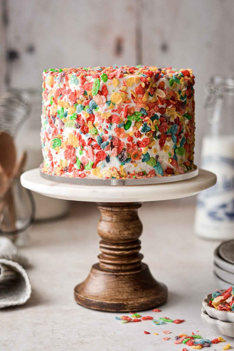 High Altitude Fruity Pebbles Cake - Curly Girl Kitchen
