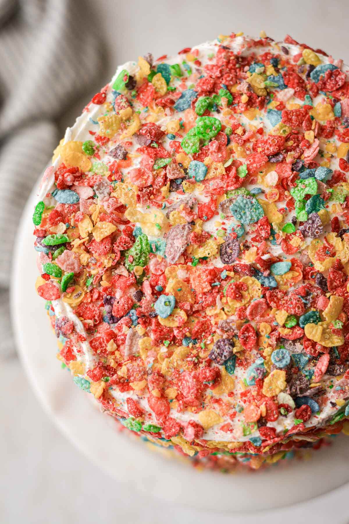 High Altitude Fruity Pebbles Cake - Curly Girl Kitchen